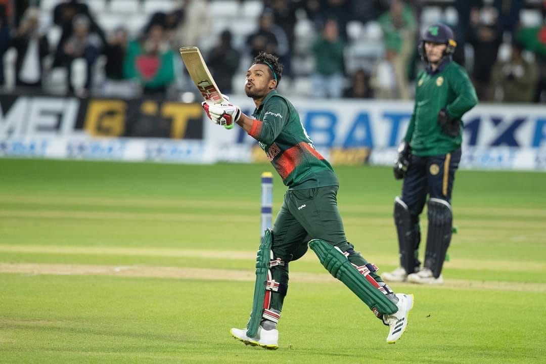 Shanto’s maiden ODI hundred celebration | The Daily Star